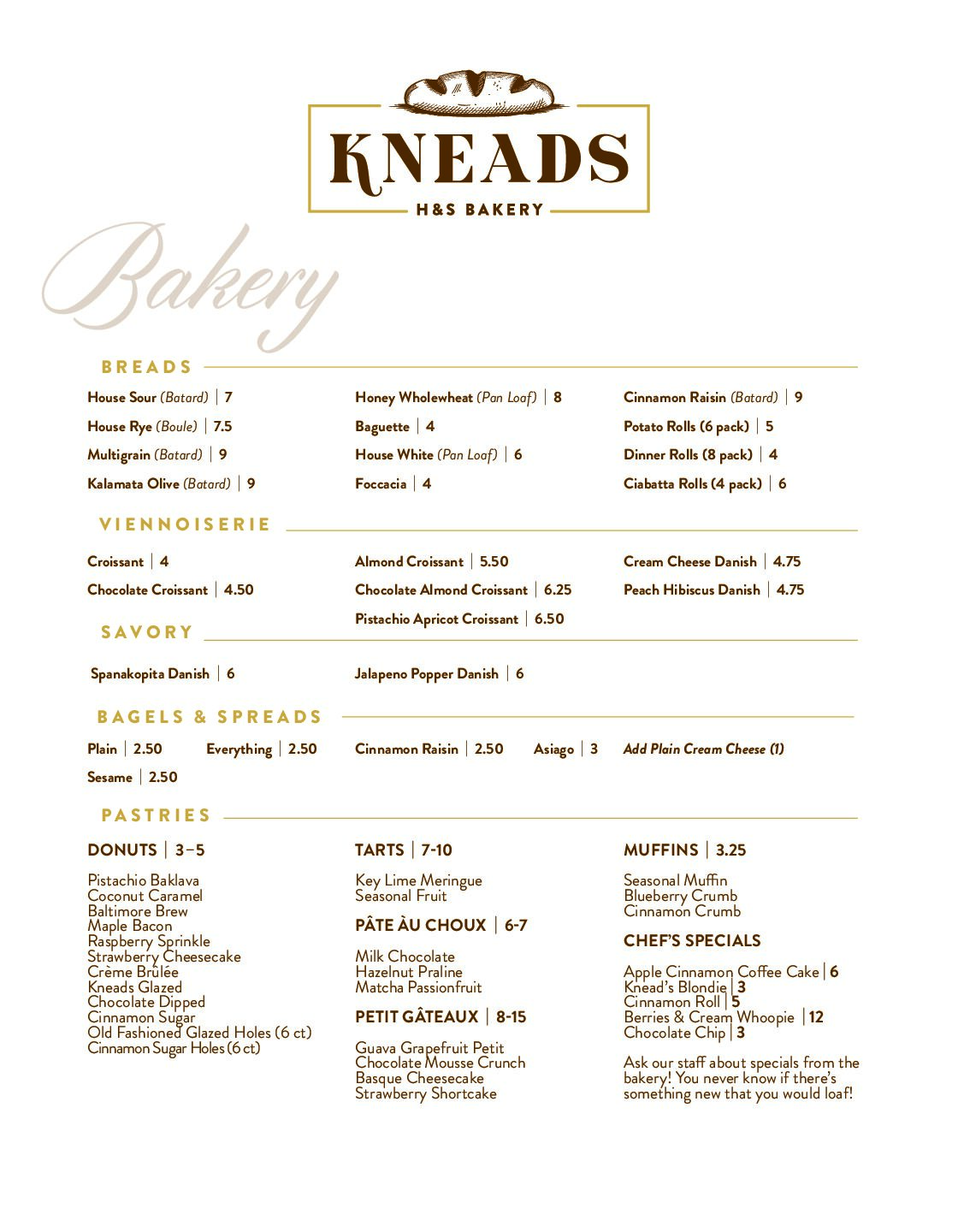 Main Menus - Kneads Bakeshop & Café