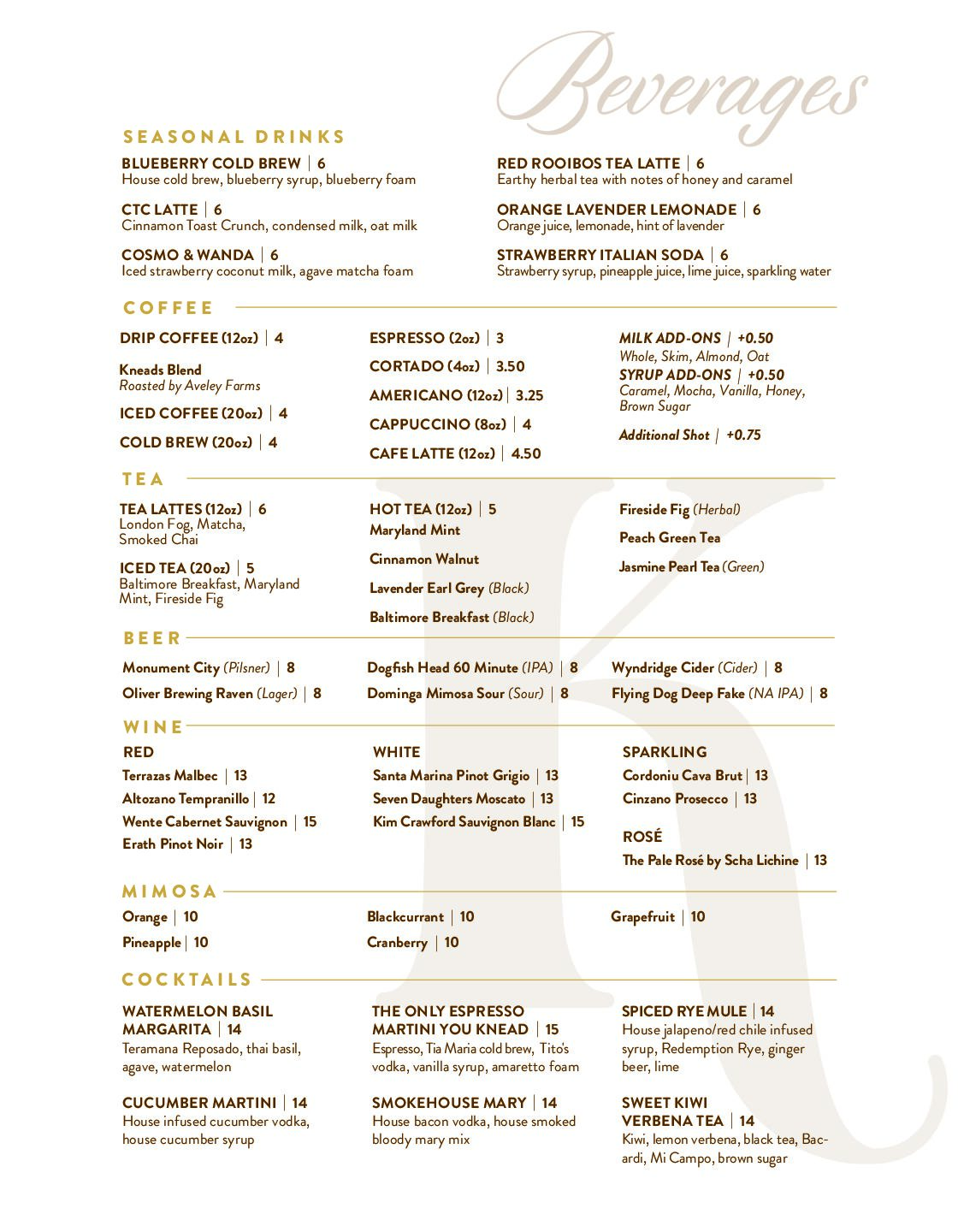 Main Menus - Kneads Bakeshop & Café